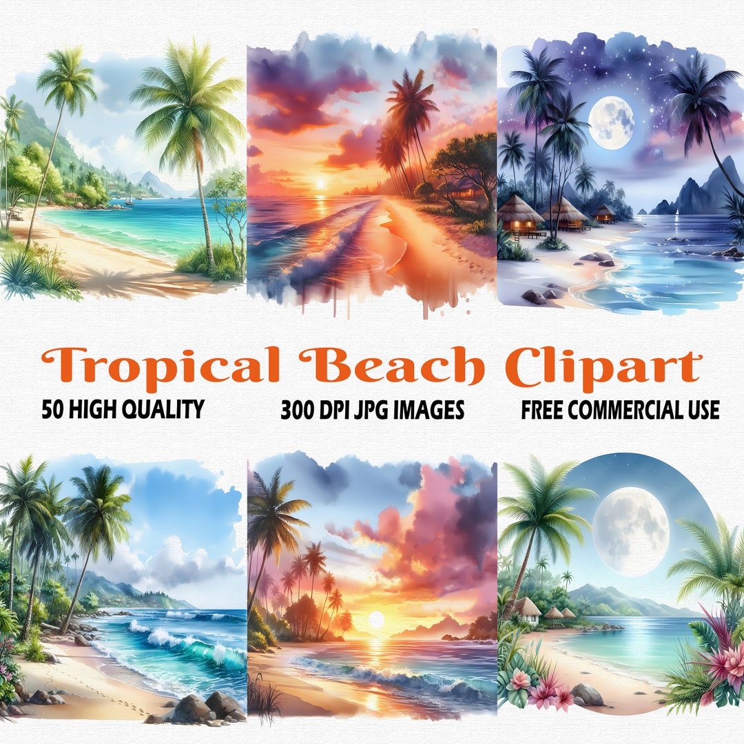 Watercolor Tropical Beach Clipart, 50 HQ (300 DPI) JPG Images ...