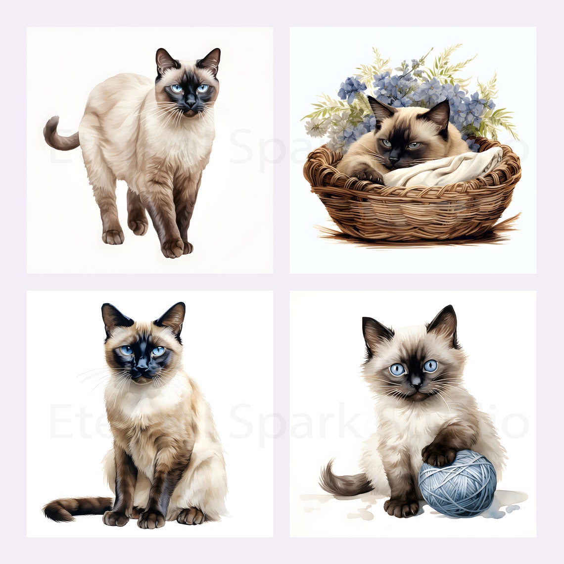 Watercolor Siamese Cat Clip Art, 10 High Quality (300 DPI) JPG Images ...