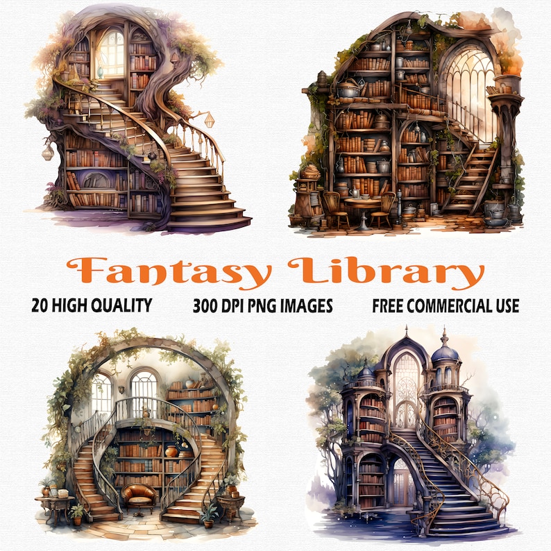 Watercolor Fantasy Library Clipart, 20 (300 DPI) Transparent Images ...
