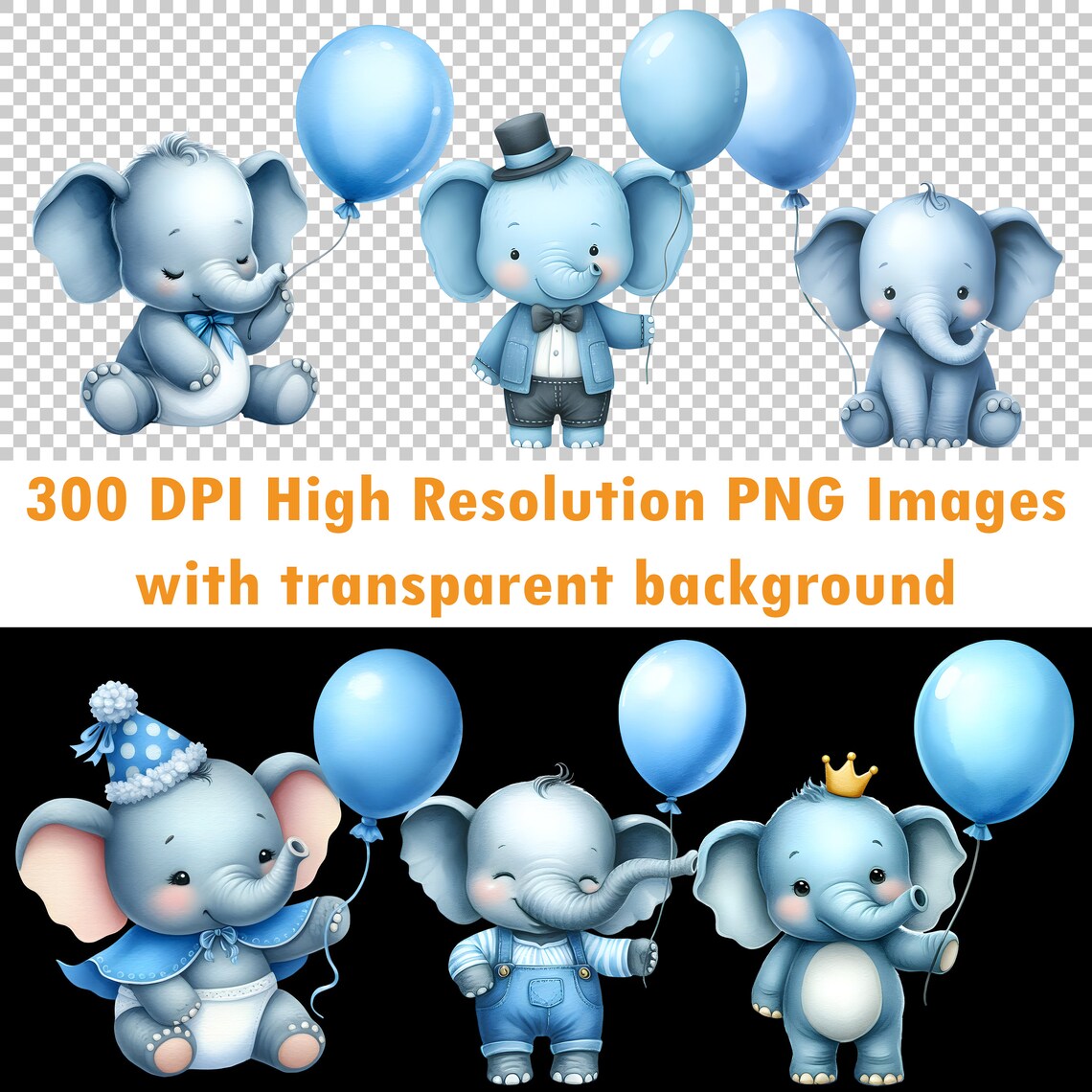 Baby Shower Cute Elephant Clipart, 25(300 DPI) PNG, Boy Elephant ...