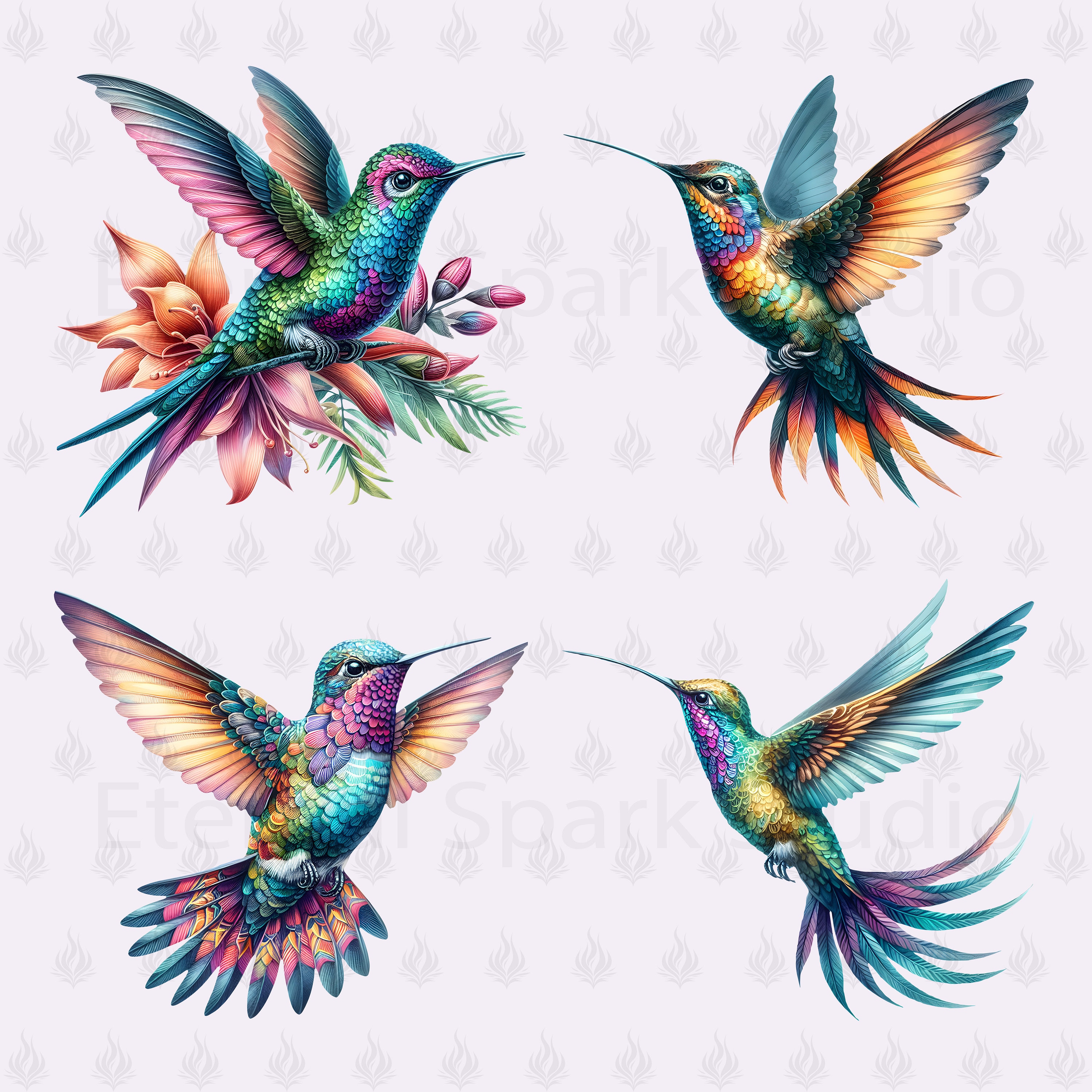 Watercolor Whimsical Hummingbird Clipart, 16 High Quality (300 DPI) PNG ...