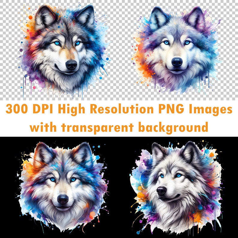 Splash Wolf Clipart, 16 (300 DPI) PNG Images, Cute Wolf Clipart, Arctic ...
