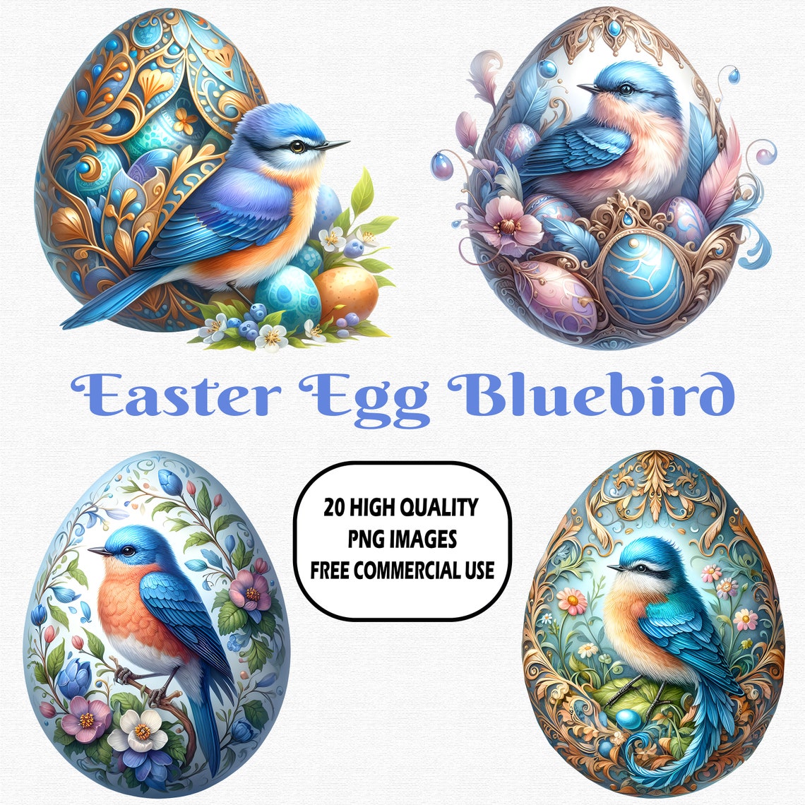 Watercolor Easter Egg Bluebird Clipart, 20 300 DPI PNG Transparent ...