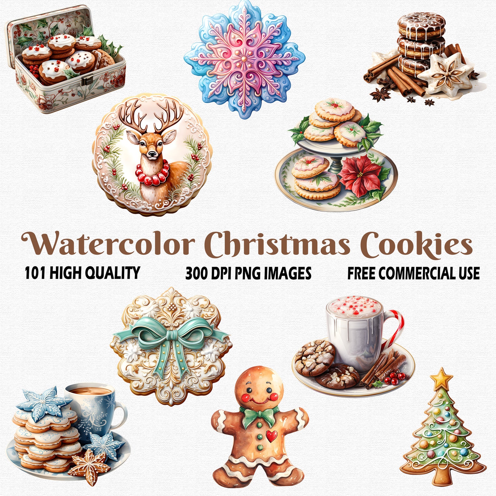 Watercolor Christmas Cookies Clip Art, 101 (300 DPI) Transparent Images ...
