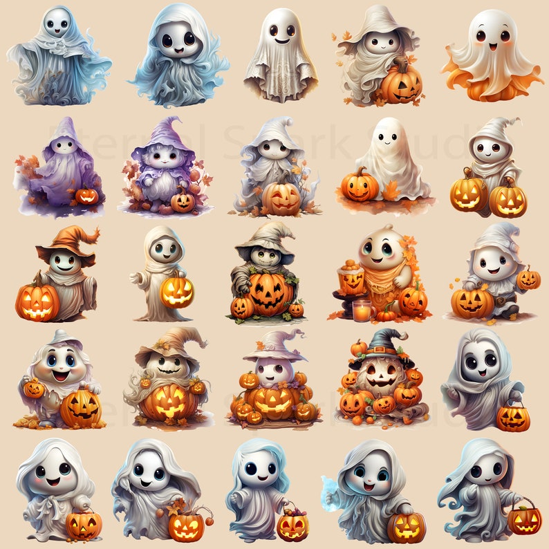 Cute Halloween Ghost Clip Art, 120 High Quality (300 DPI) PNG Images ...