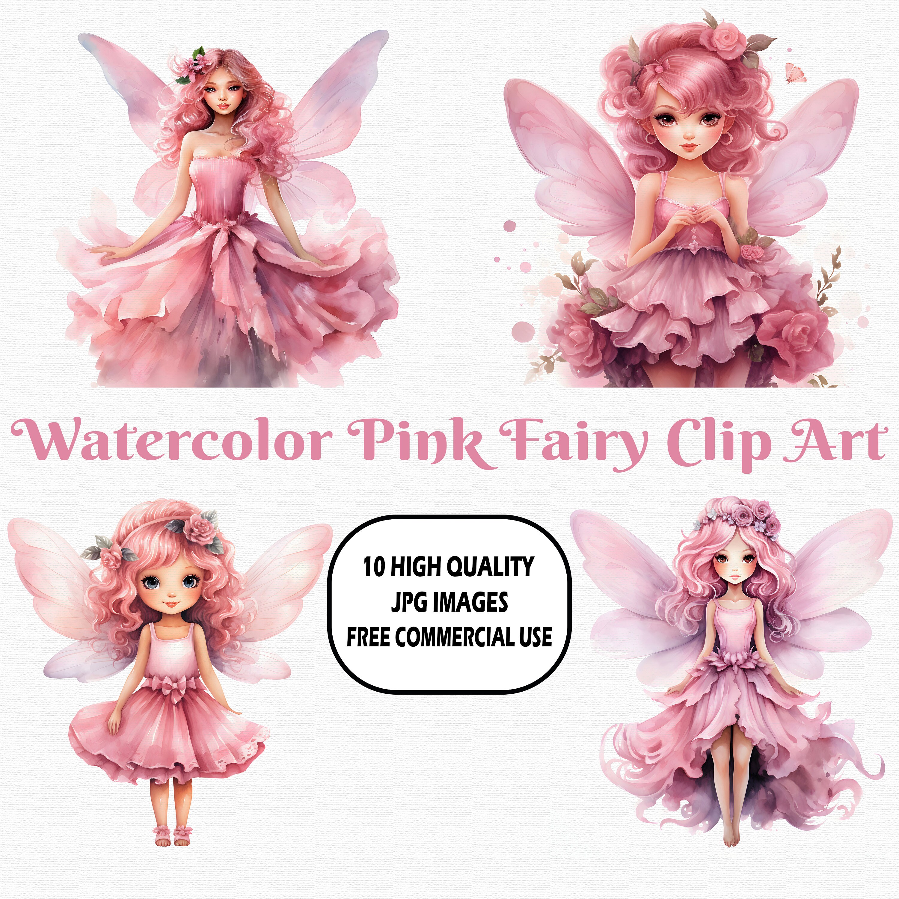 Watercolor Pink Fairies Clip Art, 10 High Quality 300 DPI JPG Images ...