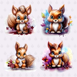 Watercolor Cute Whimsical Squirrel Clipart, 4 (300 DPI) PNG Transparent ...
