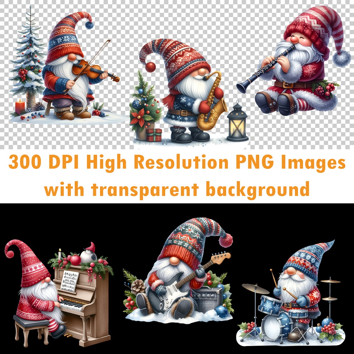 Watercolor Musical Christmas Gnome Clipart, 32 (300 DPI) PNG ...