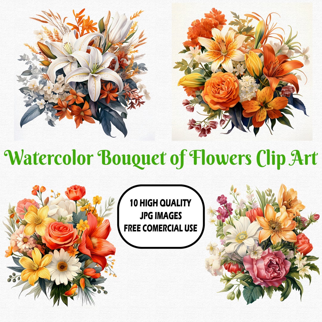 Watercolor Bouquet of Flowers Clip Art, 10 High Quality (300 DPI) JPG ...
