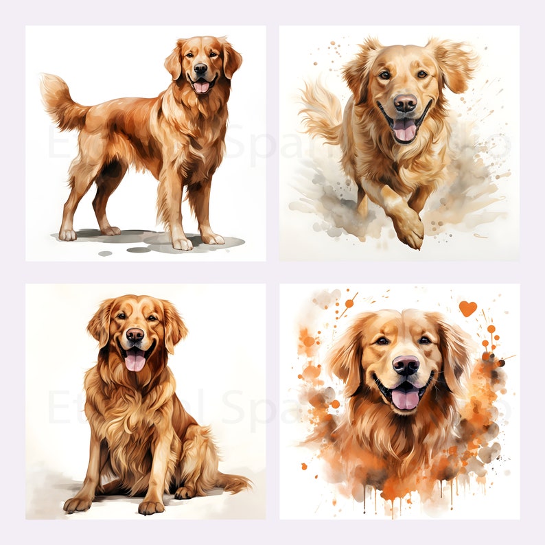 Watercolor Golden Retriever Clip Art, 10 High Quality (300 DPI) JPG ...