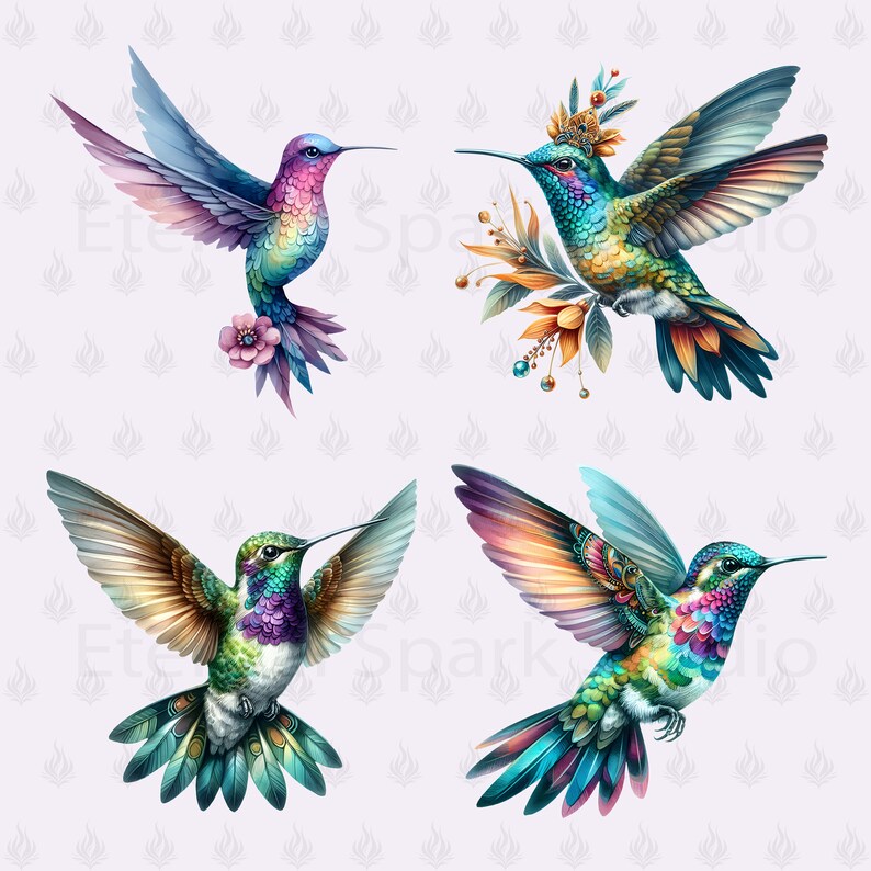 Watercolor Whimsical Hummingbird Clipart, 16 High Quality (300 DPI) PNG ...