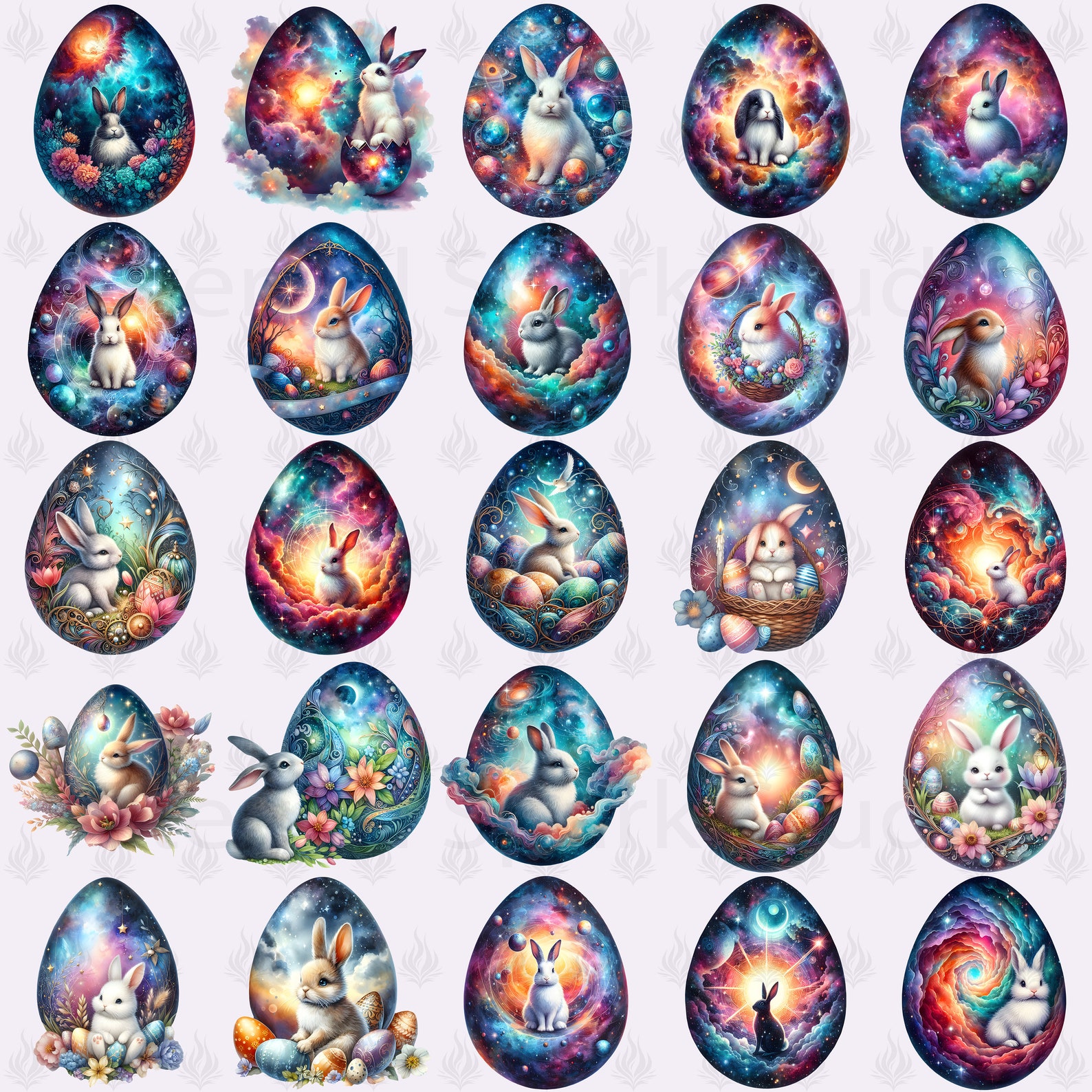 Watercolor Cosmic Easter Egg Bunny Clipart, 25 300 DPI Transparent Images, Sublimation Easter ...