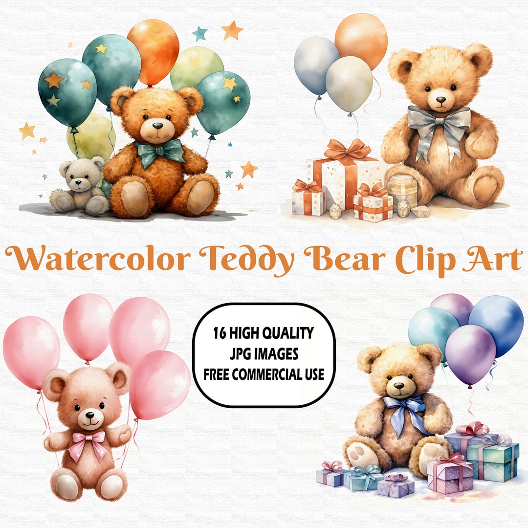 Watercolor Teddy Bear Clip Art, 16 High Quality (300 DPI) JPG Images ...