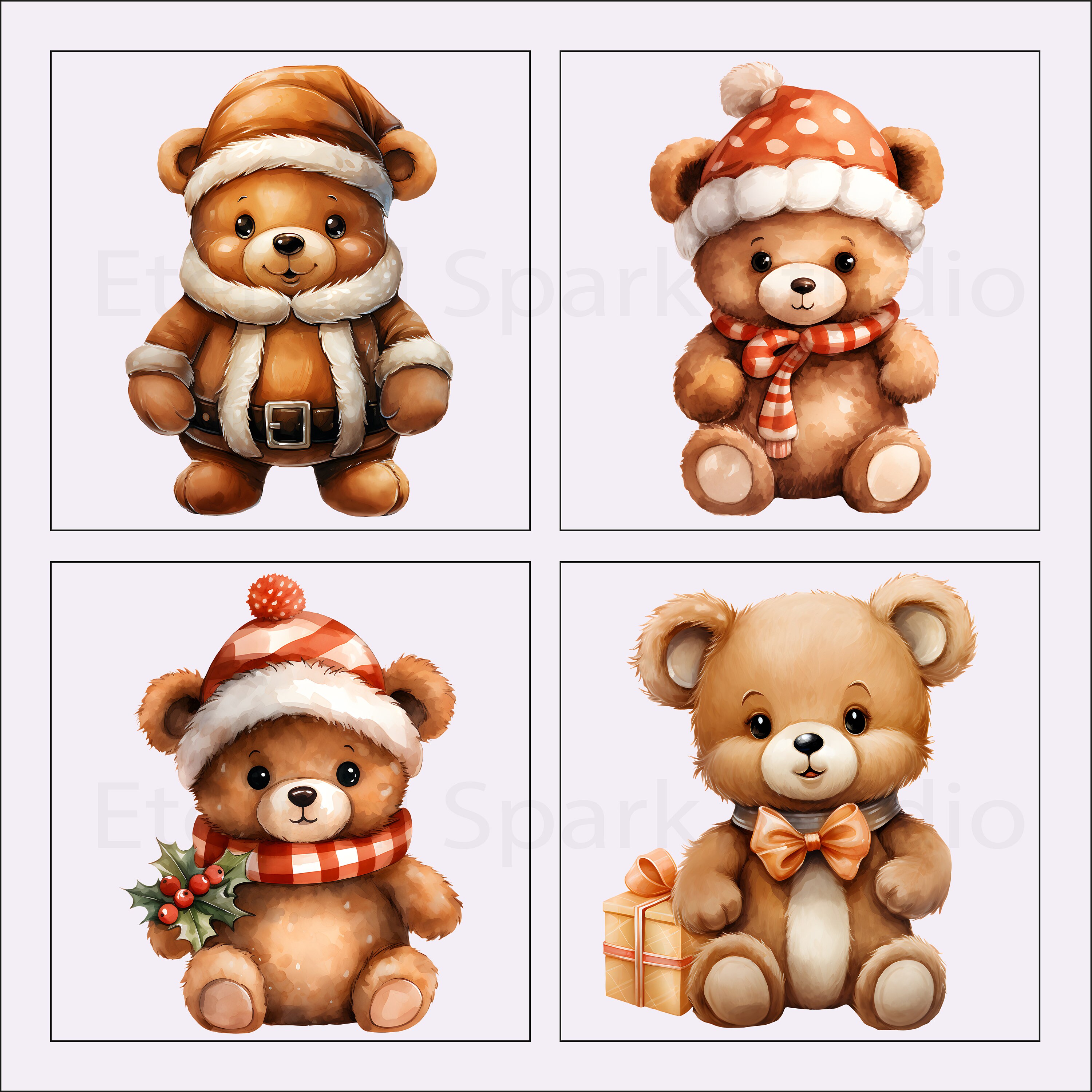 Watercolor Christmas Teddy Bear Clip Art, 12 High Quality (300 DPI) PNG ...
