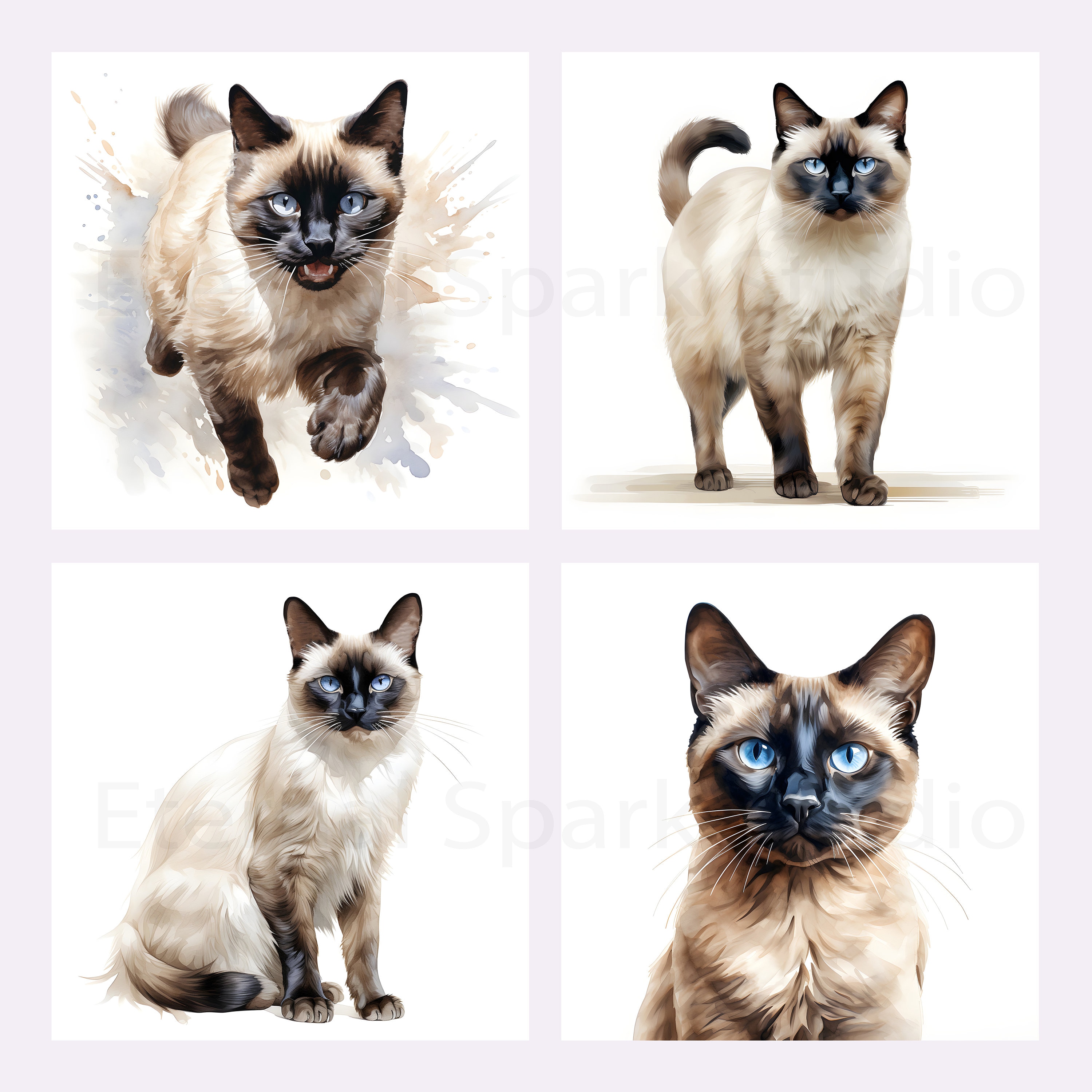 Watercolor Siamese Cat Clip Art, 10 High Quality 300 DPI JPG Images ...