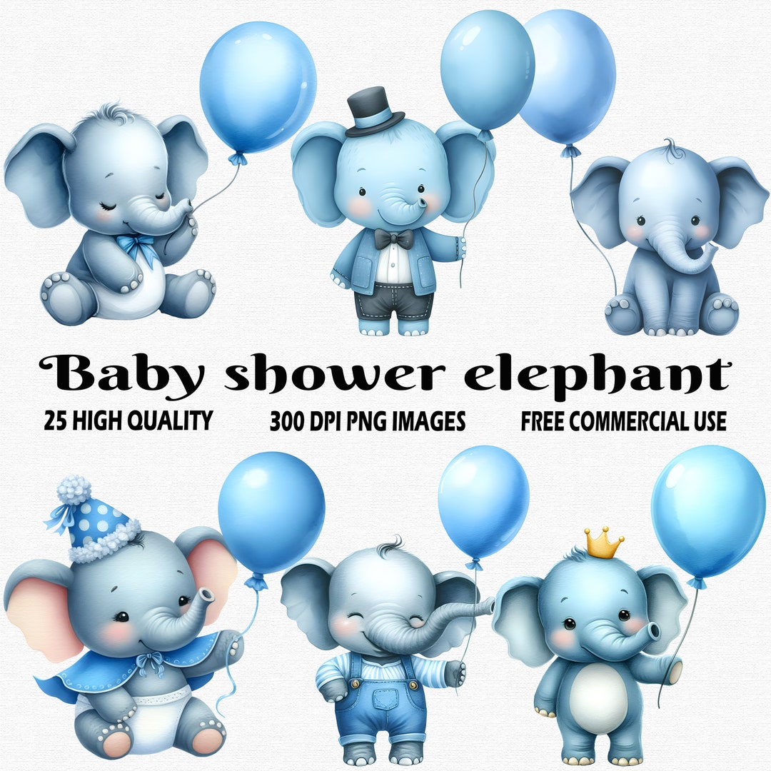 Baby Shower Cute Elephant Clipart, 25(300 DPI) PNG, Boy Elephant ...