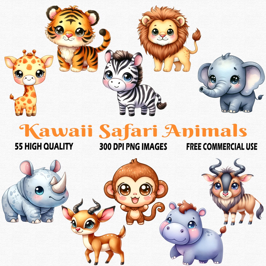 Kawaii Safari Animals, 55 PNG (300 DPI) Transparent Images , Cute ...