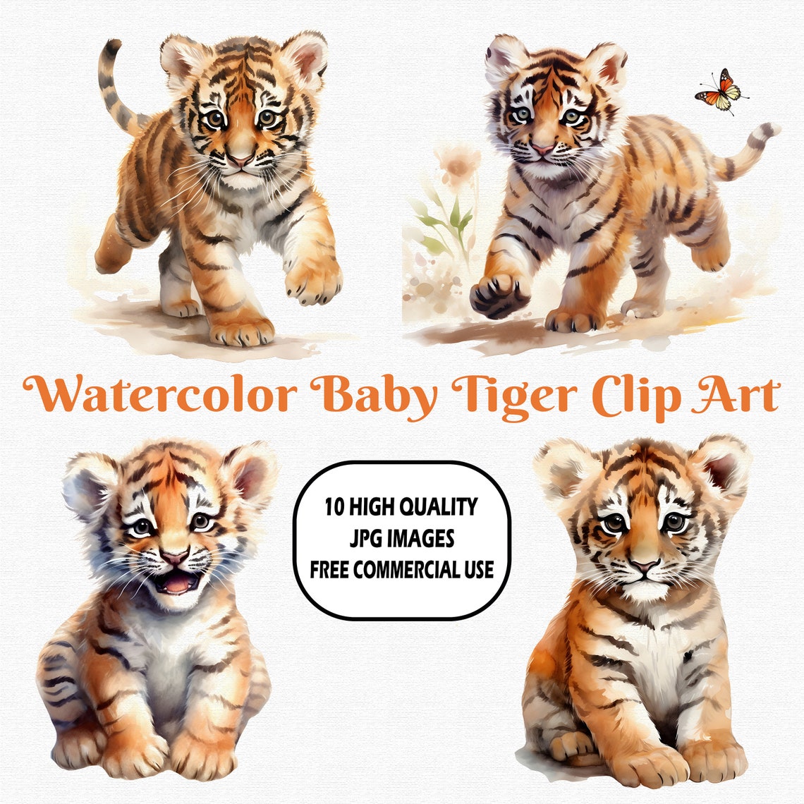 Watercolor Baby Tiger Clip Art, 10 High Quality 300 DPI JPG Images With ...
