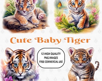 Watercolor Cute White Tiger Clipart, 12 (300 DPI) PNG Transparent ...