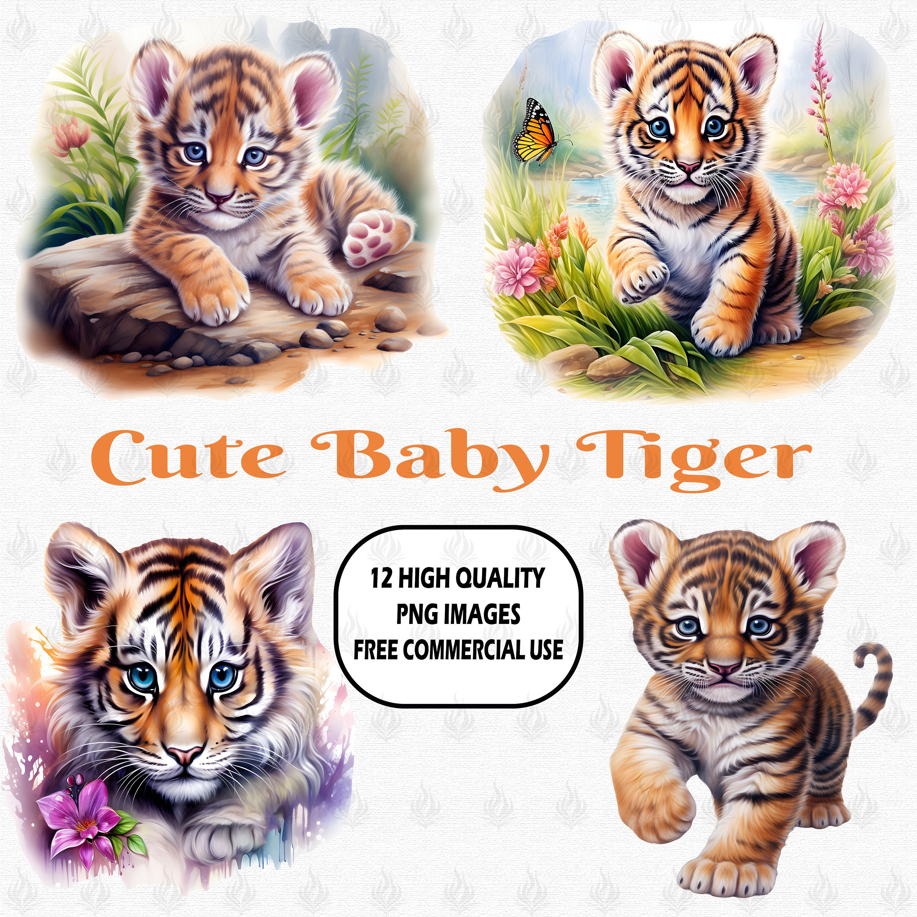 Watercolor Cute Baby Tiger Clipart, 12 300 DPI PNG Transparent Images ...
