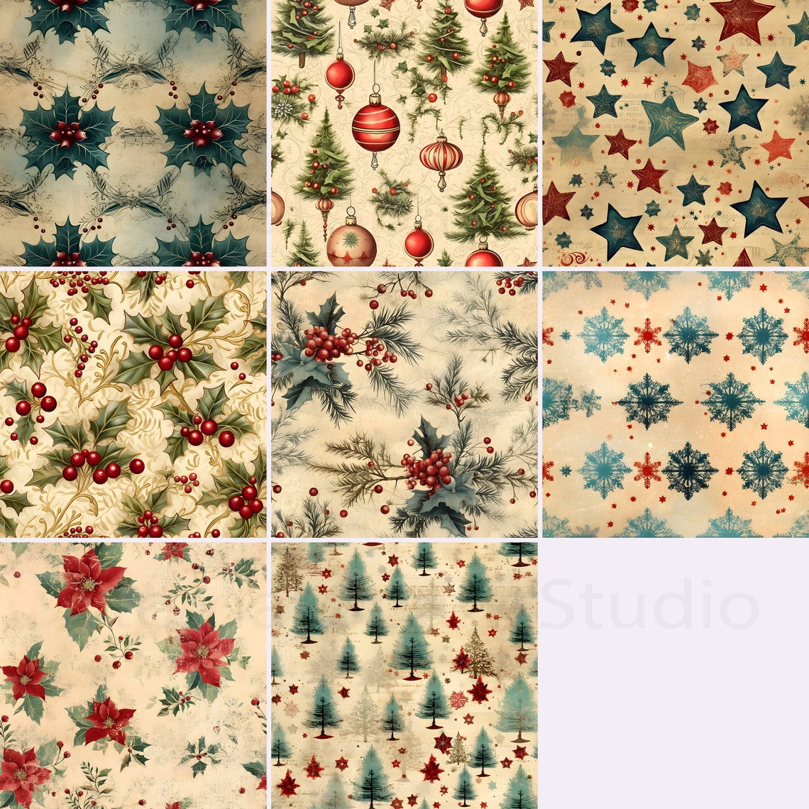 Seamless Vintage Christmas Digital Paper, 40 HQ(300 DPI) JPG Images ...