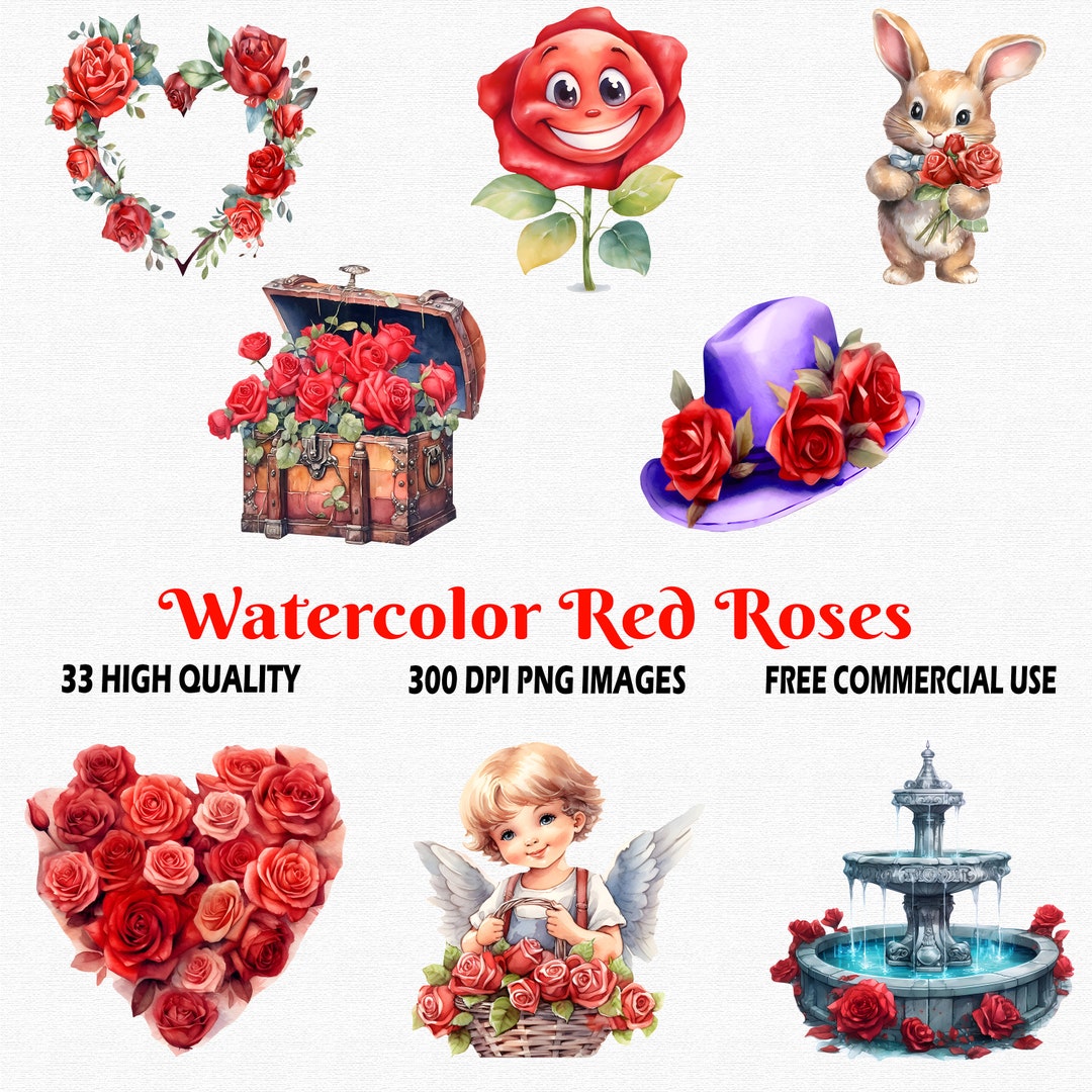 Watercolor Red Roses Clip Art, 33 High Quality (300 DPI) PNG Images ...
