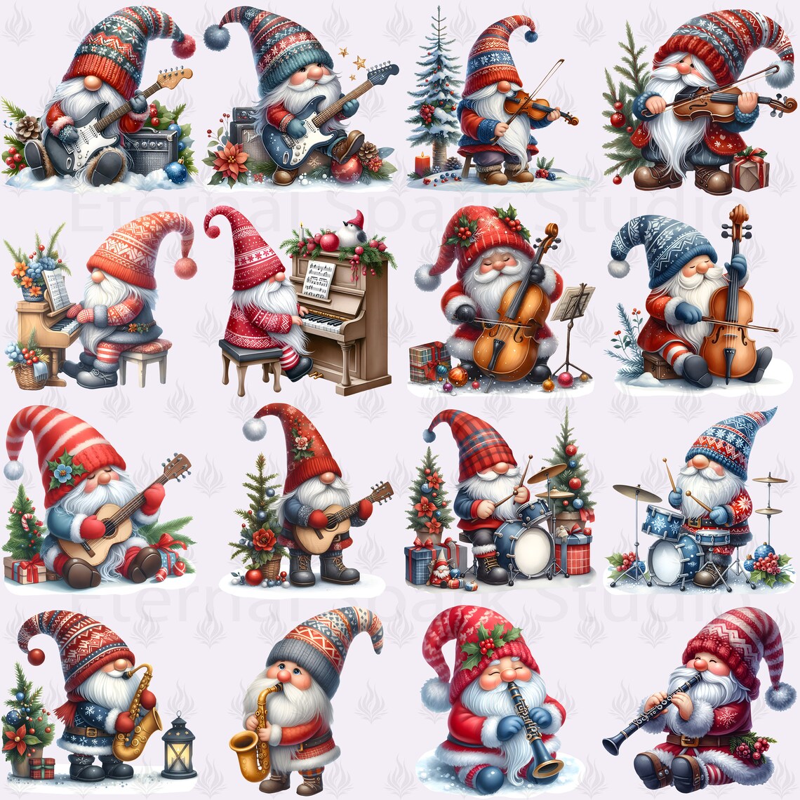 Watercolor Musical Christmas Gnome Clipart, 32 (300 DPI) PNG ...