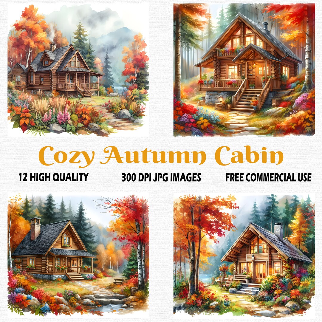Watercolor Cozy Autumn Cabin Digital Paper, 12 300 DPI JPG Images ...