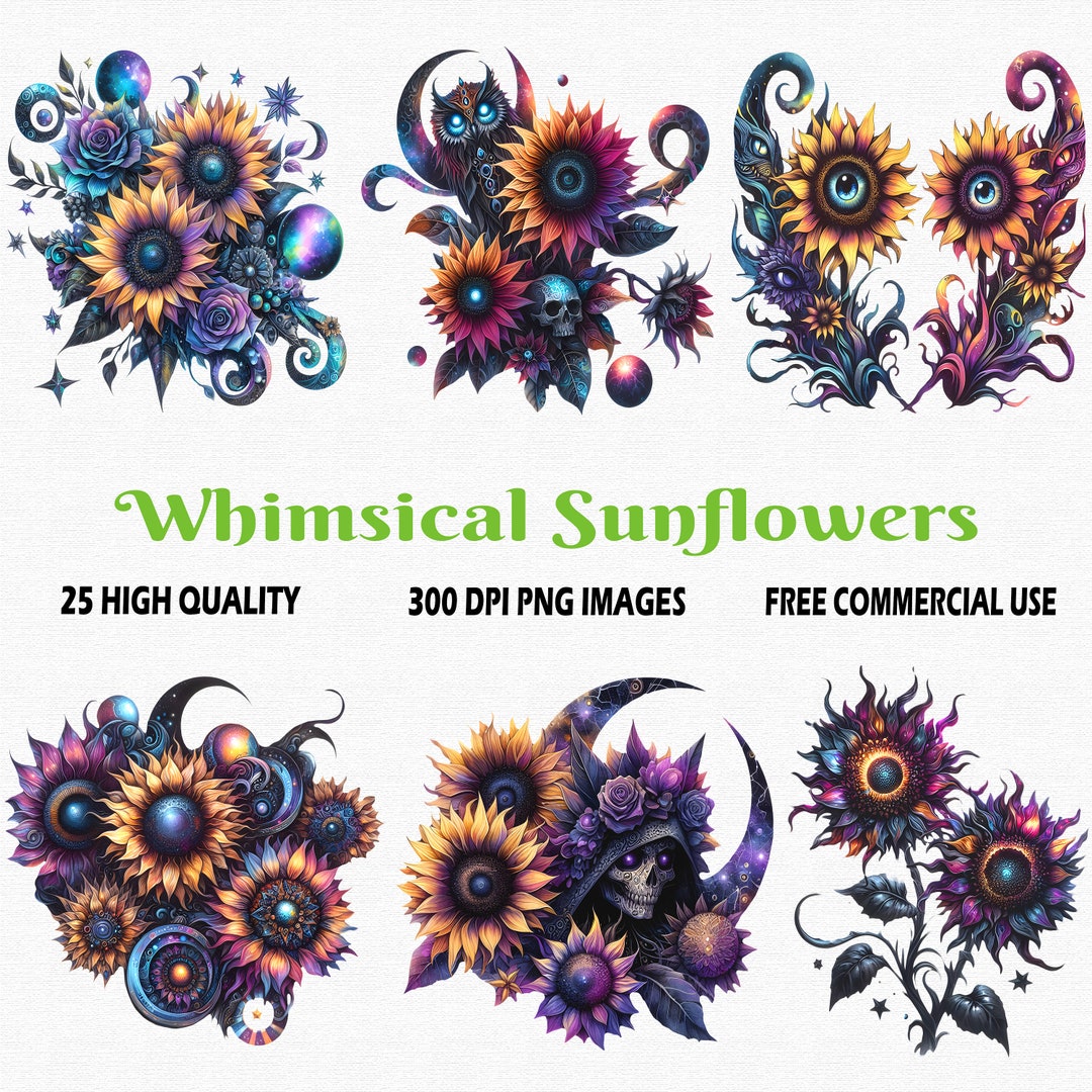 Watercolor Whimsical Gothic Sunflowers Clipart, 25 300 DPI Transparent ...