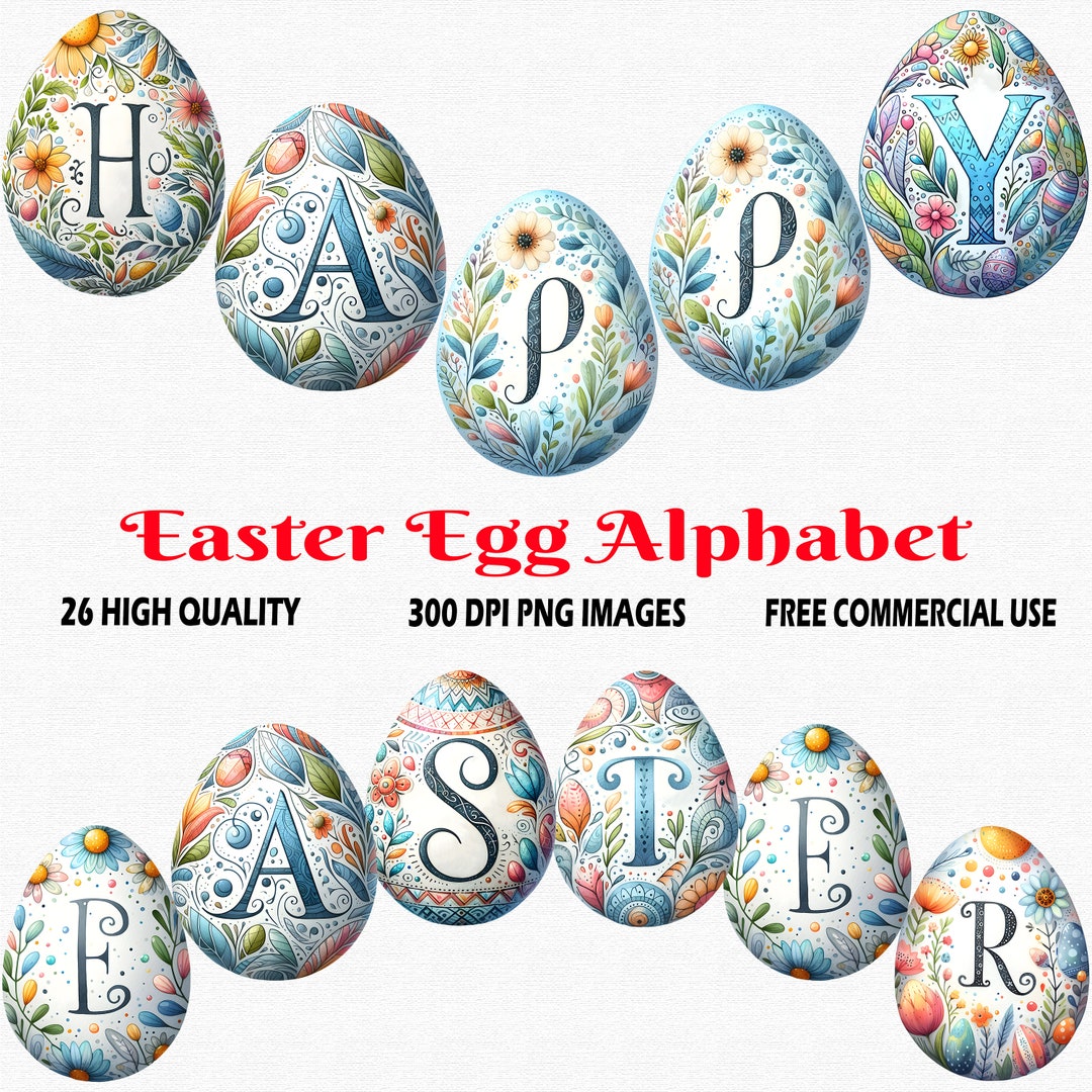 Watercolor Easter Egg Alphabet Clipart, 26 (300 DPI) PNG Transparent ...
