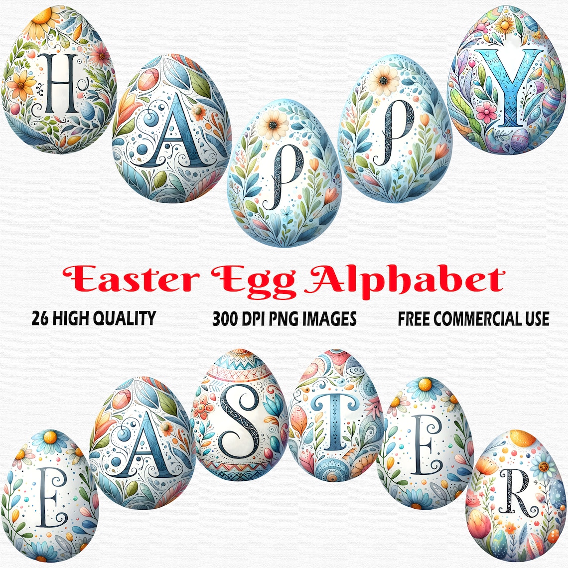 Watercolor Easter Egg Alphabet Clipart, 26 300 DPI PNG Transparent ...