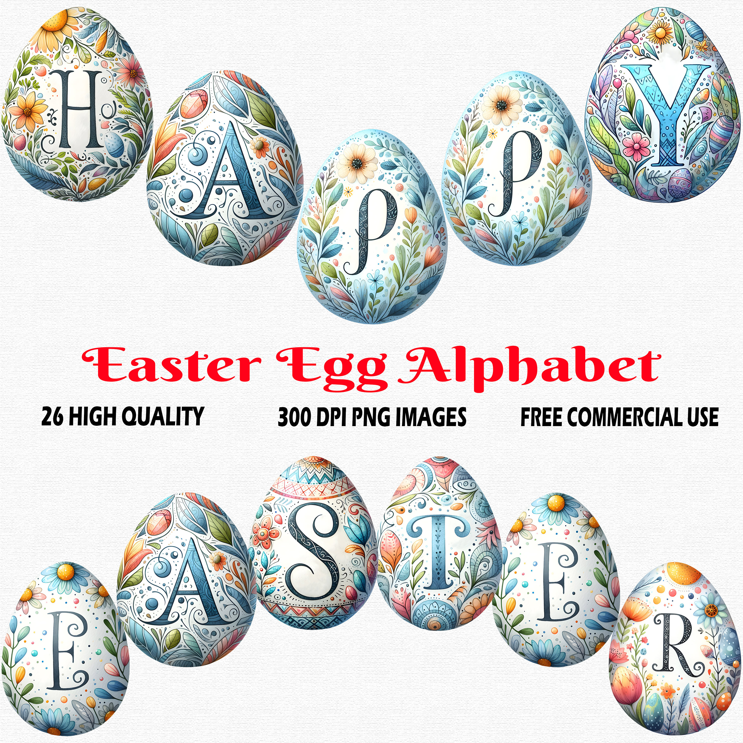 Watercolor Easter Egg Alphabet Clipart, 26 (300 DPI) PNG Transparent ...