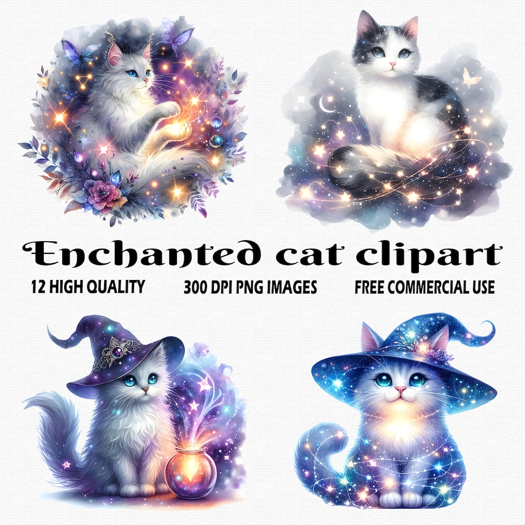 Enchanted Cat Clipart, 12 (300 DPI) Images, Whimsical Cat Png, Magical ...