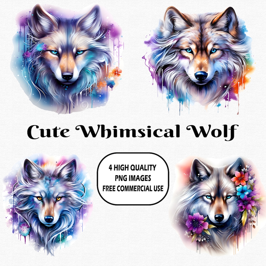 Watercolor Cute Whimsical Wolf Clipart, 4 (300 DPI) PNG Transparent Images, Sublimation Wolf ...