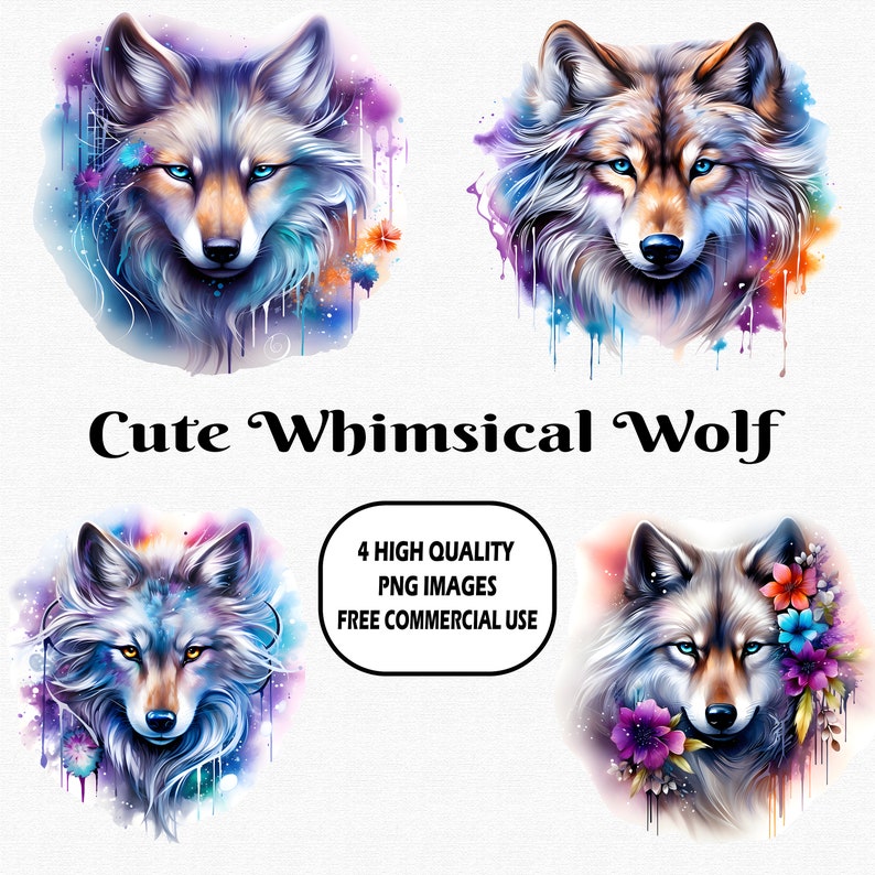Watercolor Cute Whimsical Wolf Clipart, 4 (300 DPI) PNG Transparent ...