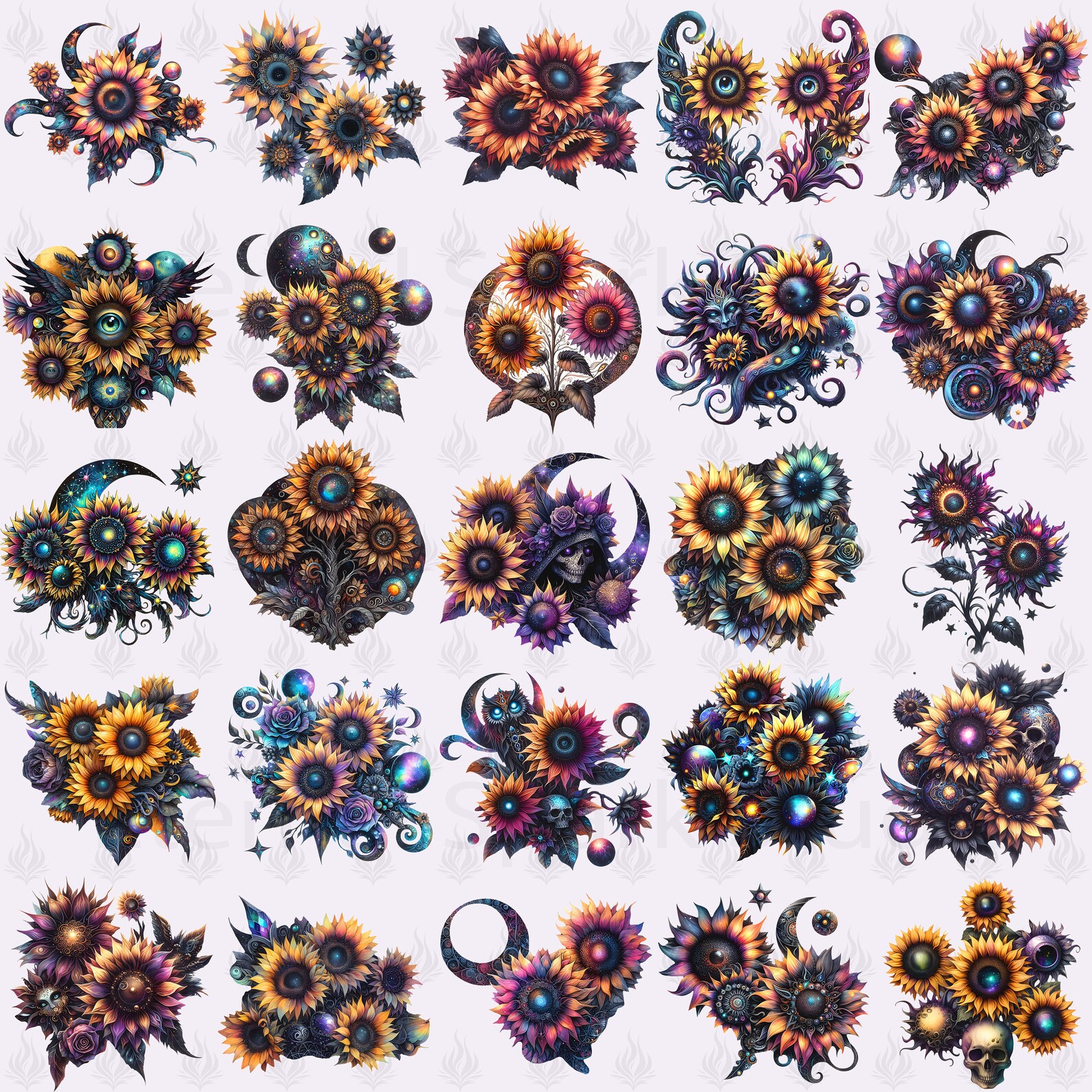 Watercolor Whimsical Gothic Sunflowers Clipart, 25 300 DPI Transparent ...