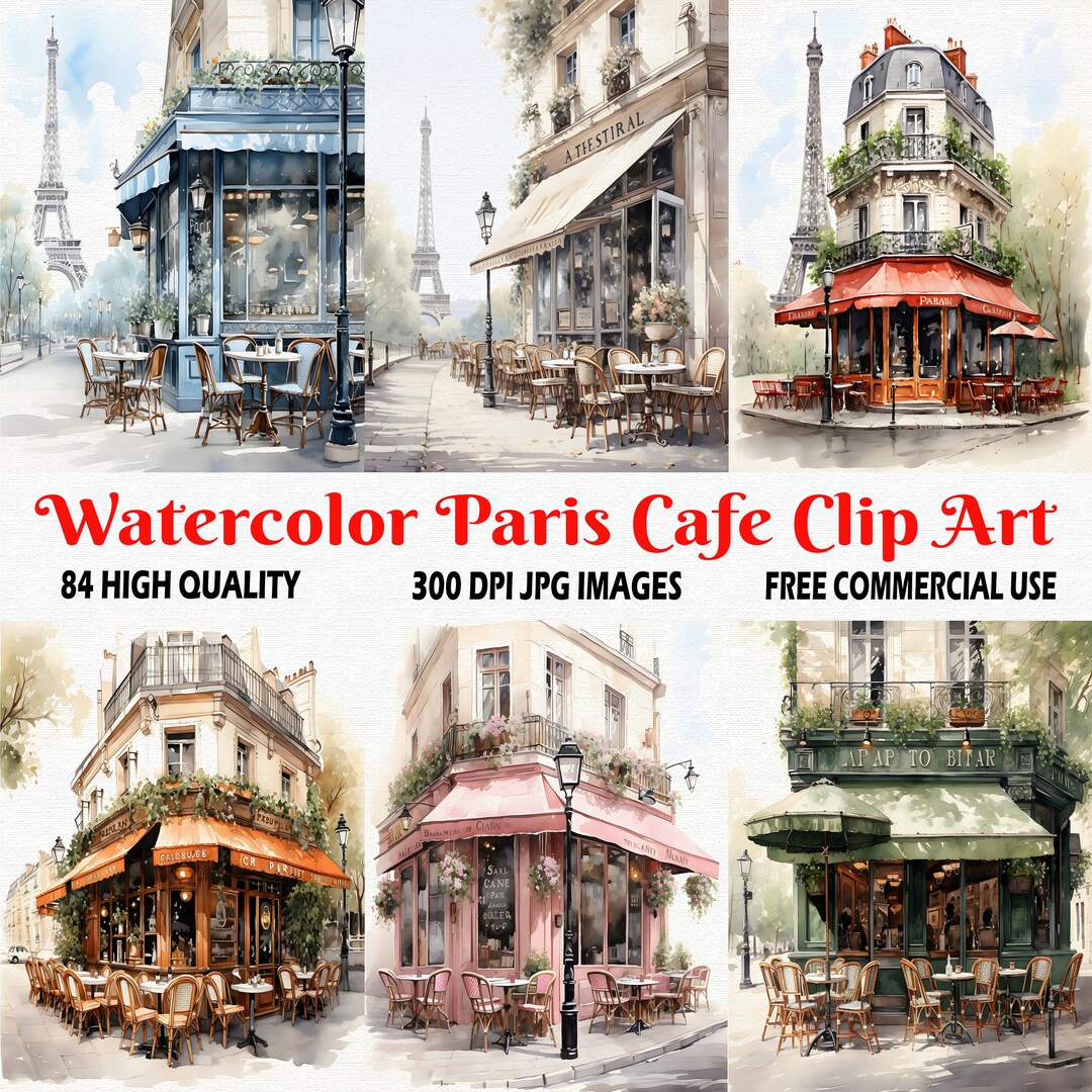 Watercolor Paris Cafe Clip Art, 84 High Quality (300 DPI) JPG Images ...