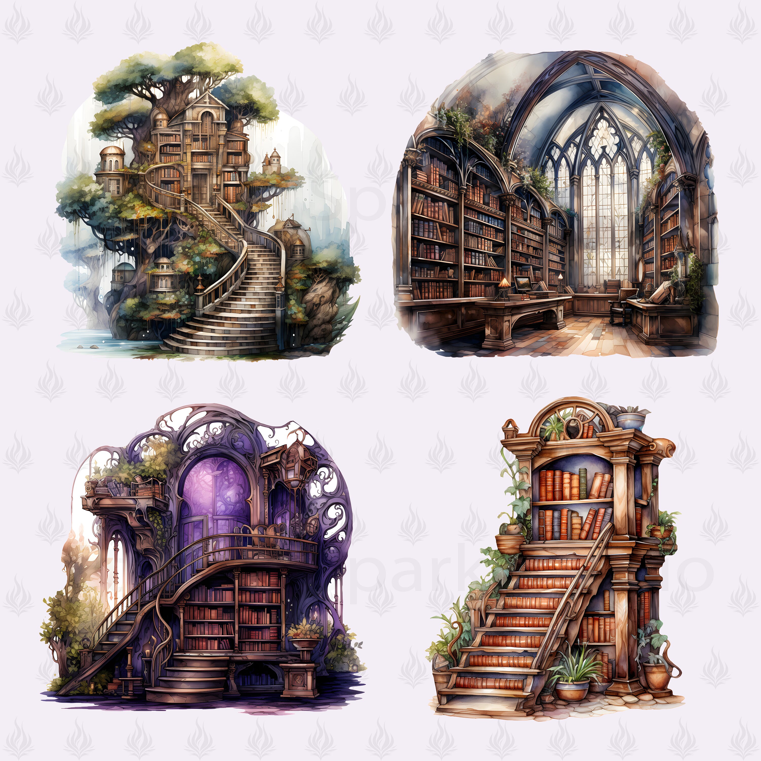 Watercolor Fantasy Library Clipart, 20 300 DPI Transparent Images ...