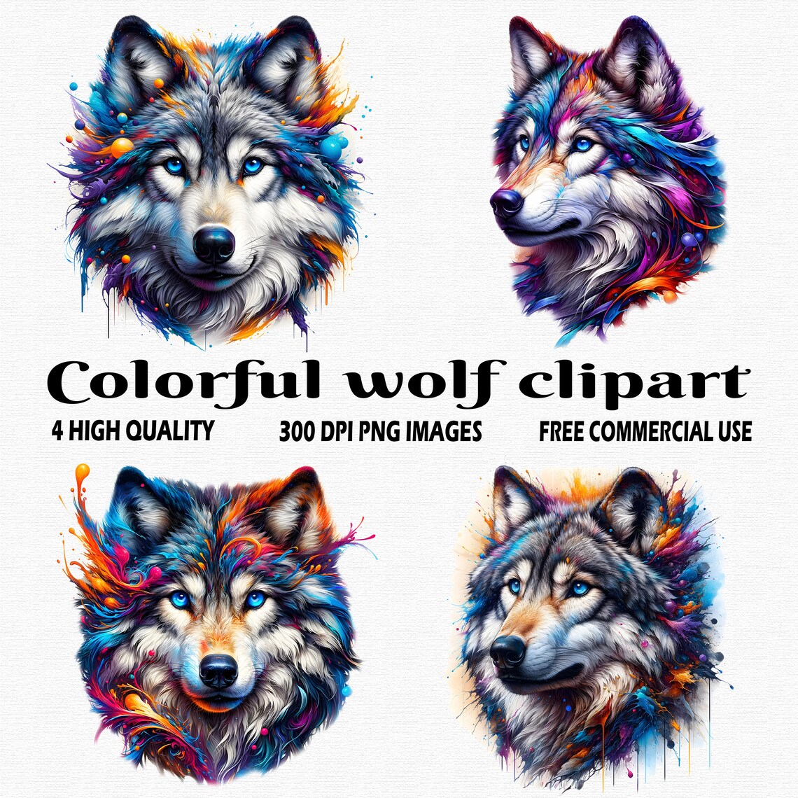 Colorful Wolf Clipart, 4 300 DPI PNG Images, Cute Wolf Clipart, Arctic ...