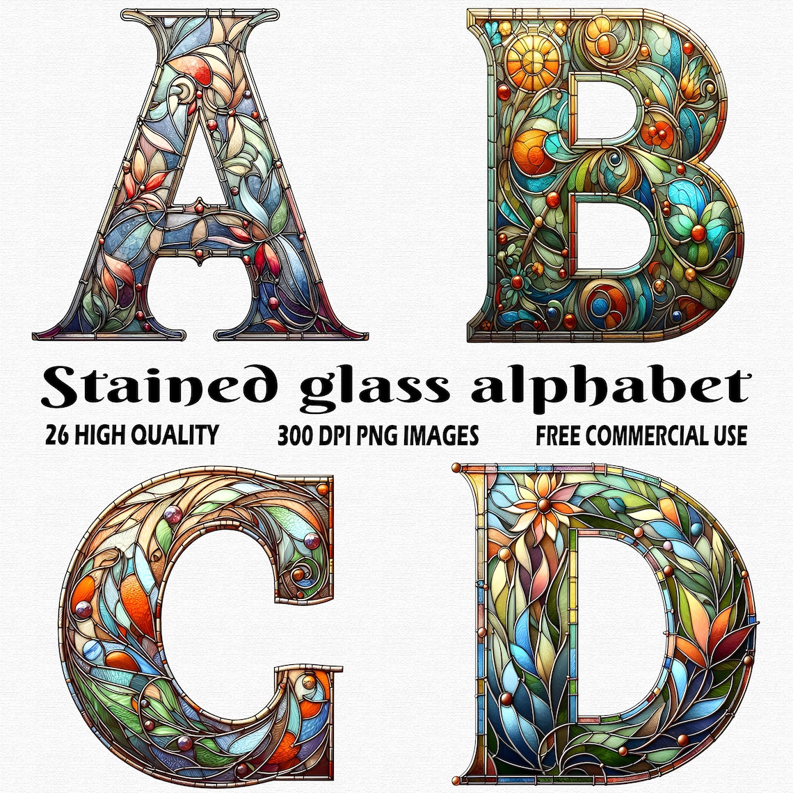 Stained Glass Alphabet Clipart, 26 (300 DPI) PNG Images, Colorful ...