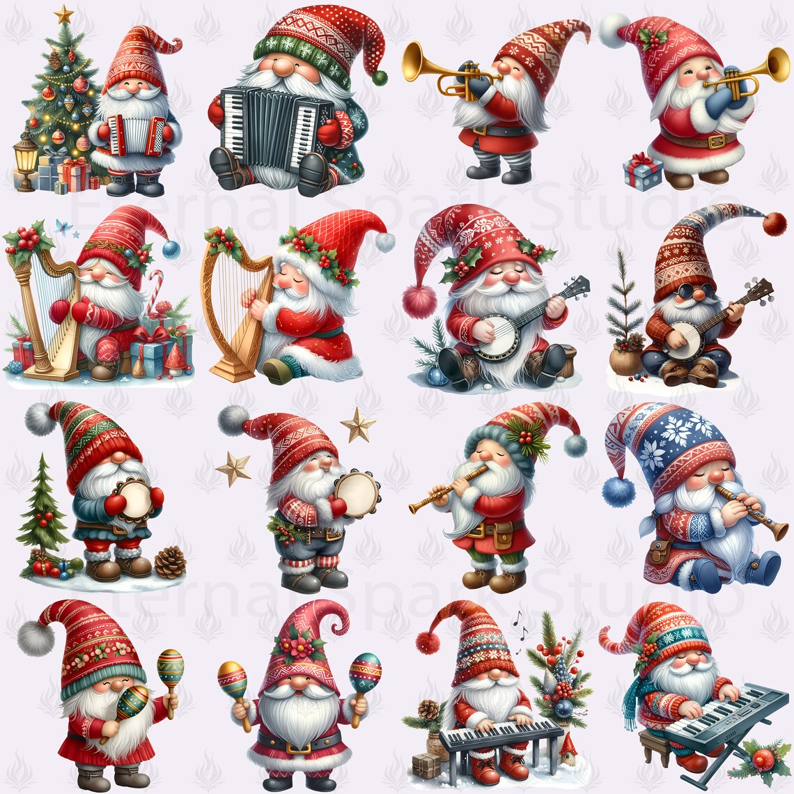 Watercolor Musical Christmas Gnome Clipart, 32 (300 DPI) PNG ...