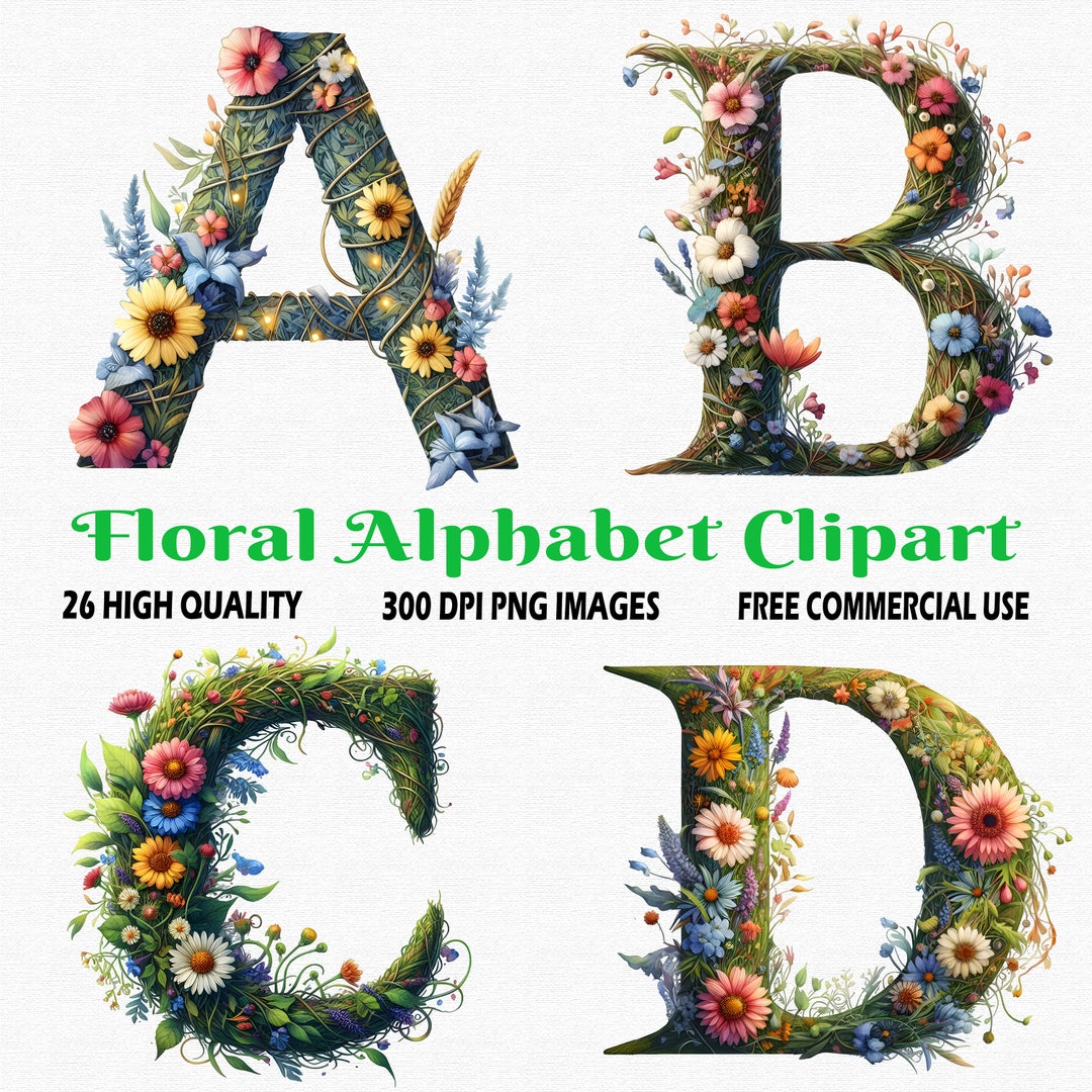 Watercolor Floral Alphabet Clipart, 26 (300 DPI) Transparent Images ...