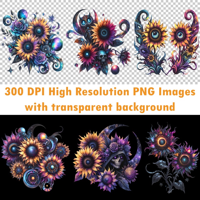 Watercolor Whimsical Gothic Sunflowers Clipart, 25 300 DPI Transparent ...