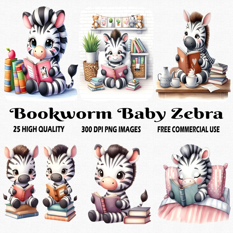 Bookworm Baby Zebra, 25 HQ (300 DPI) Png Images, Watercolor Cute Baby ...