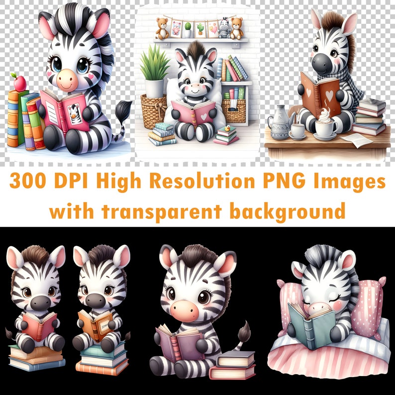 Bookworm Baby Zebra, 25 HQ (300 DPI) Png Images, Watercolor Cute Baby ...