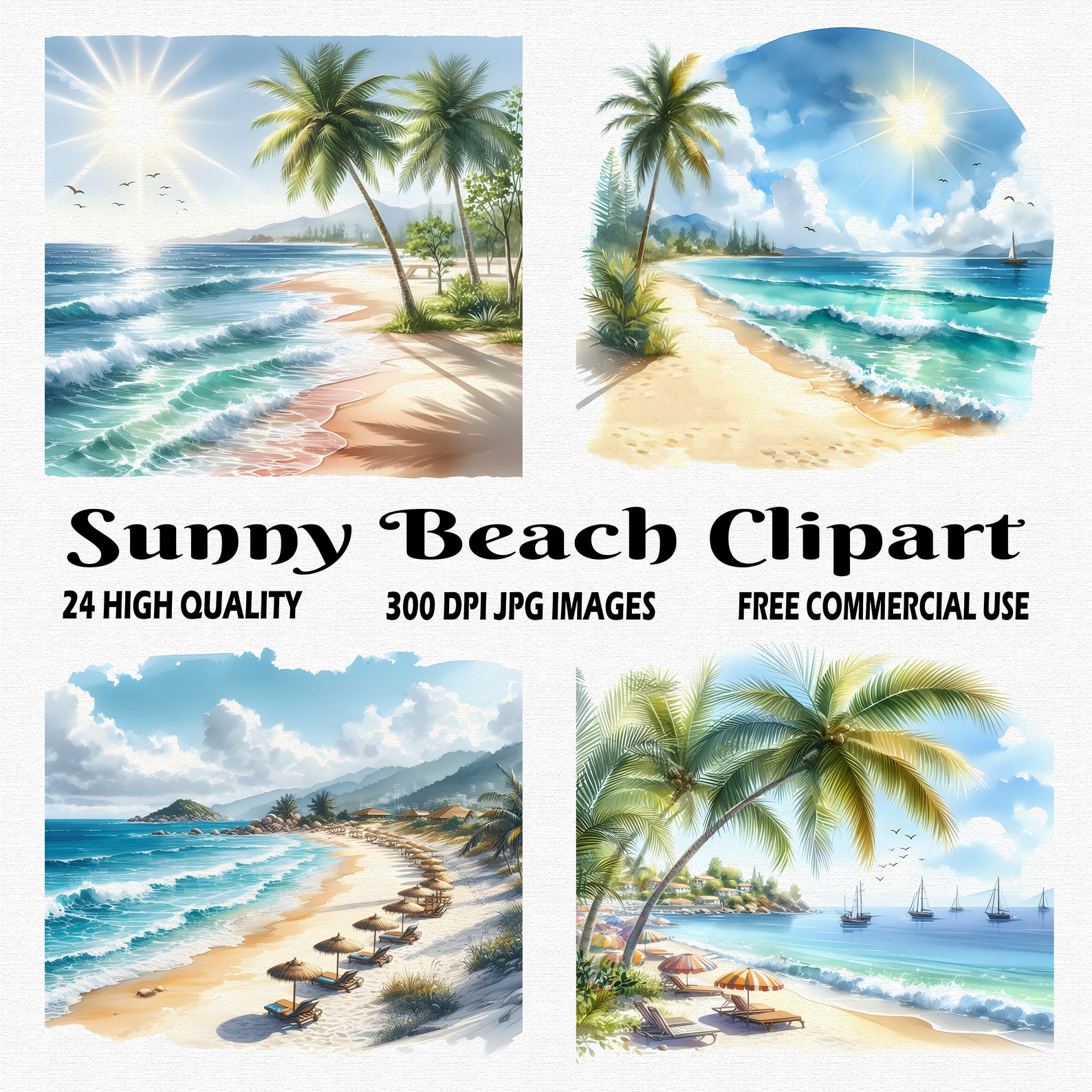 Watercolor Sunny Beach Clipart, 24 HQ (300 DPI) JPG Images, Watercolor ...