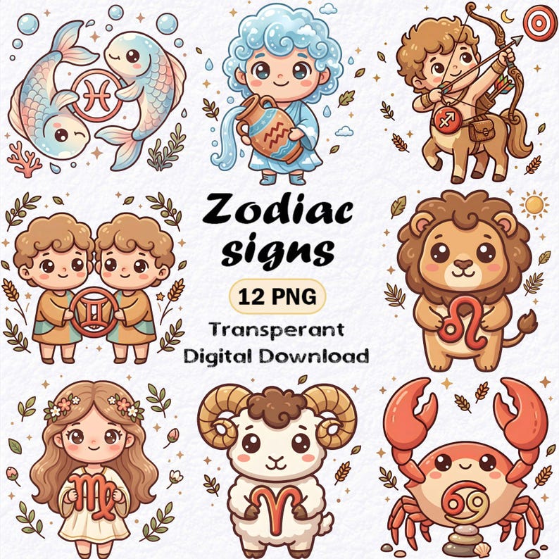 Zodiac Bundle 12 Signs Transparent PNG Digital Download Cute Kawaii ...