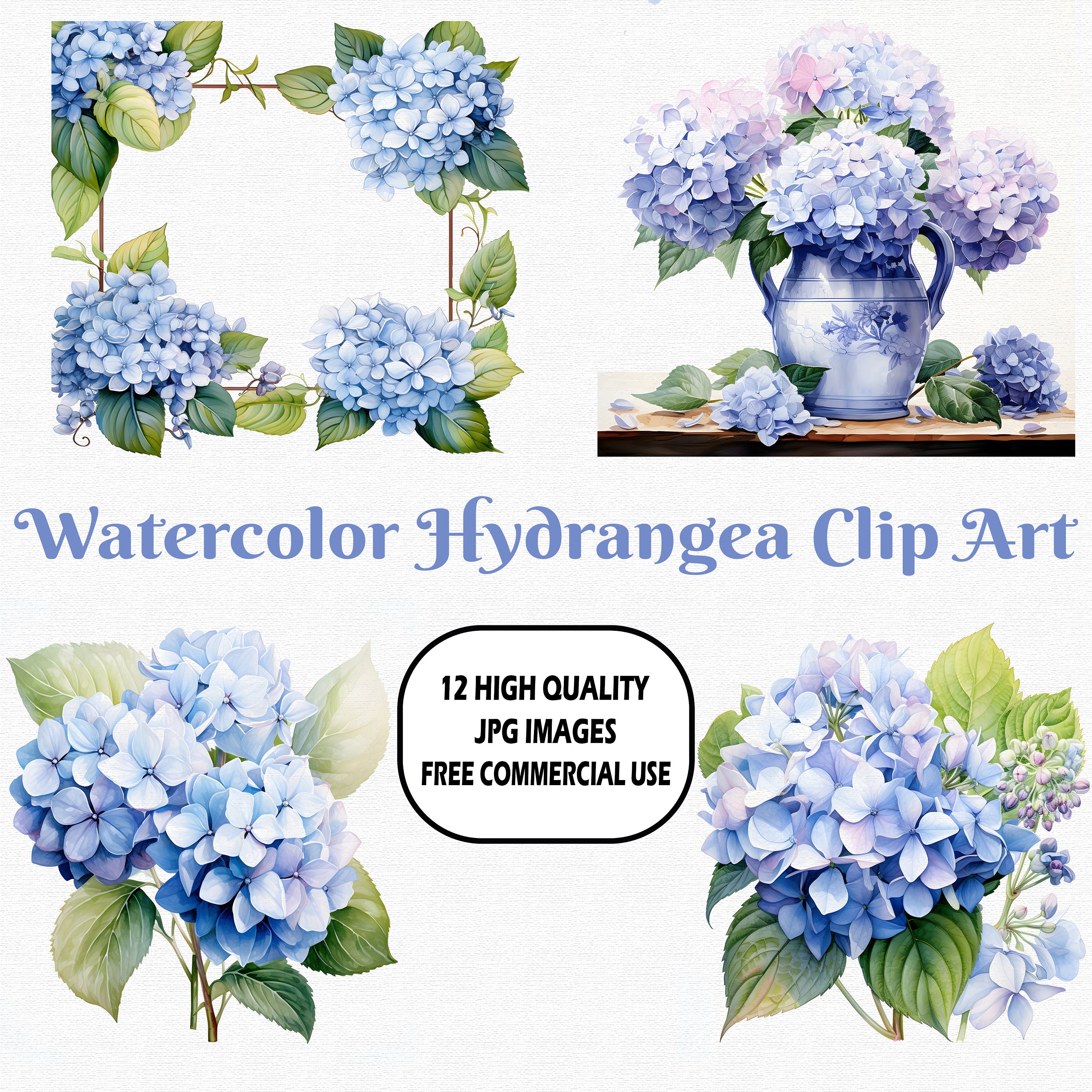 Watercolor Hydrangea Clip Art, 12 High Quality 300 DPI JPG Images With ...