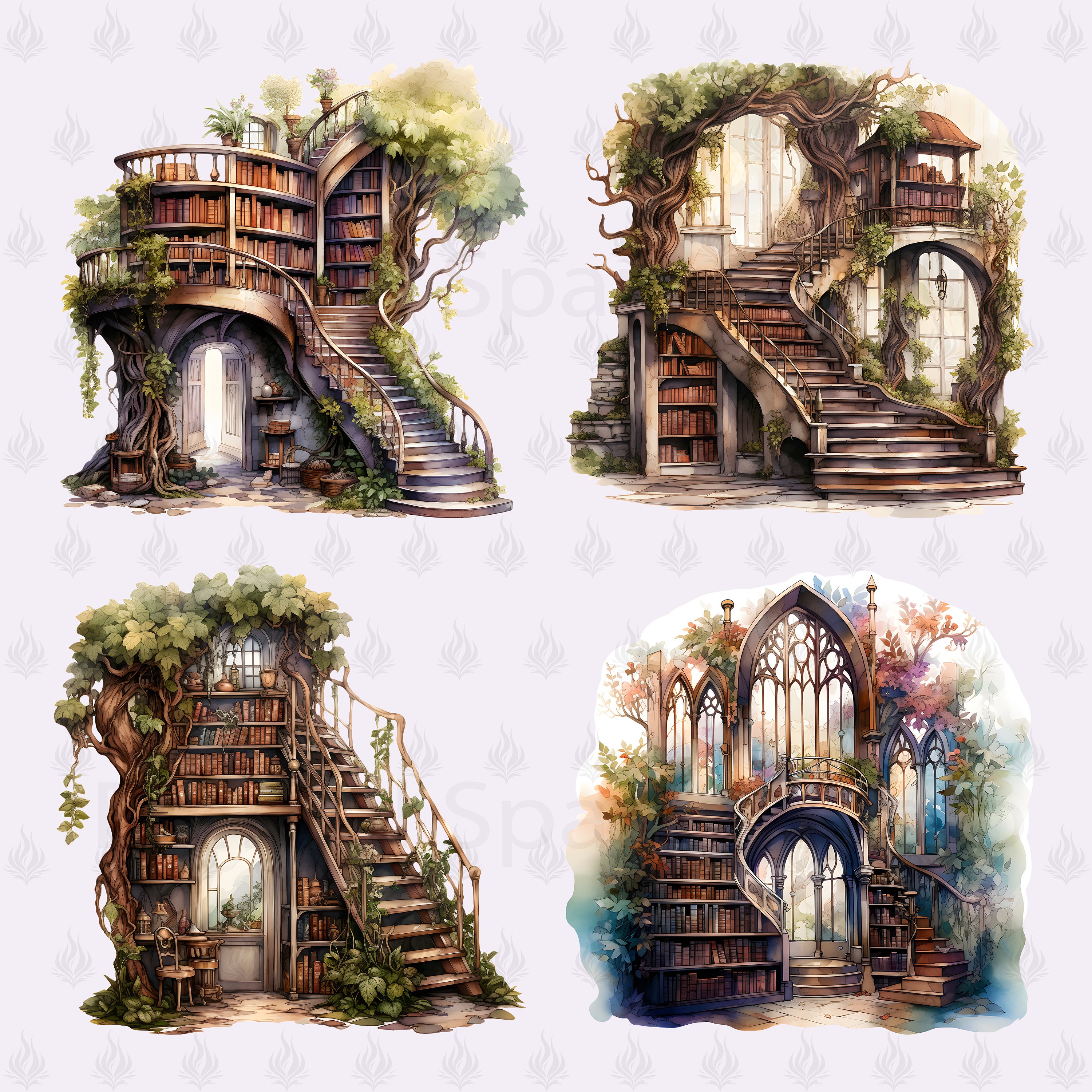Watercolor Fantasy Library Clipart, 20 (300 DPI) Transparent Images ...