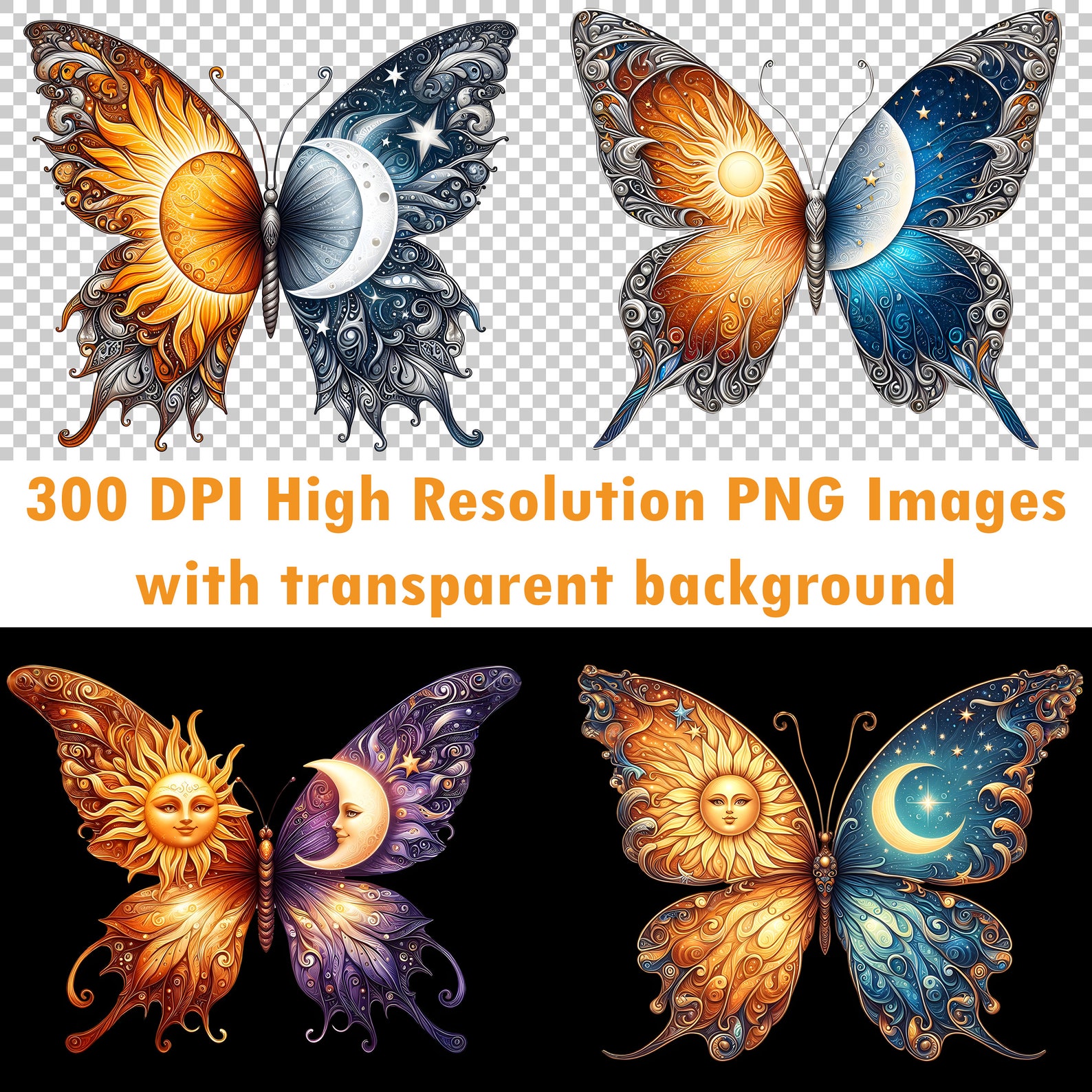 Sun and Moon Butterfly,16 PNG Images, Sublimation Butterfly Clipart ...